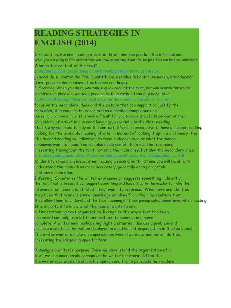 Reading Strategies in English | PDF | Speed Reading | Theory