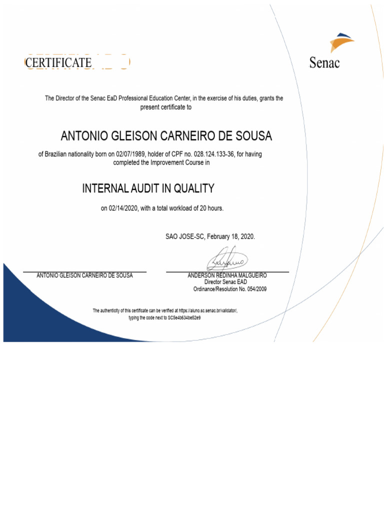 Internal Auditor Certificate | PDF
