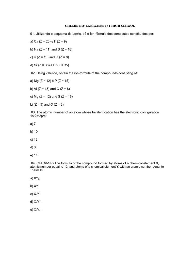 CHEMISTRY EXERCISES 1ST HIGH SCHOOL. 01. Using The Lewis Structure ...