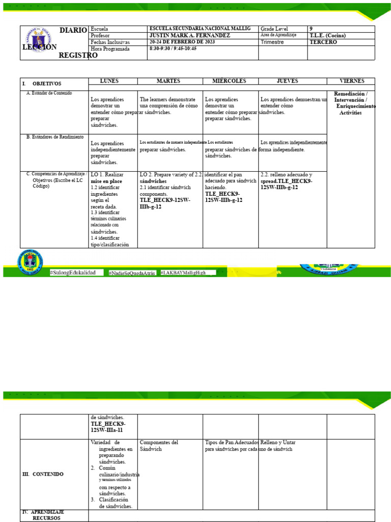 Q3 DLL Tle 9 W2 | PDF | Panes | Emparedado