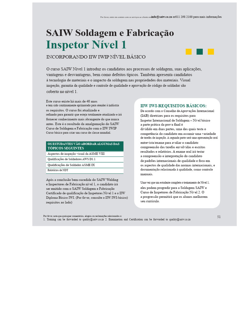 Curso SAIW Inspetor Nível 1 de Soldagem | PDF