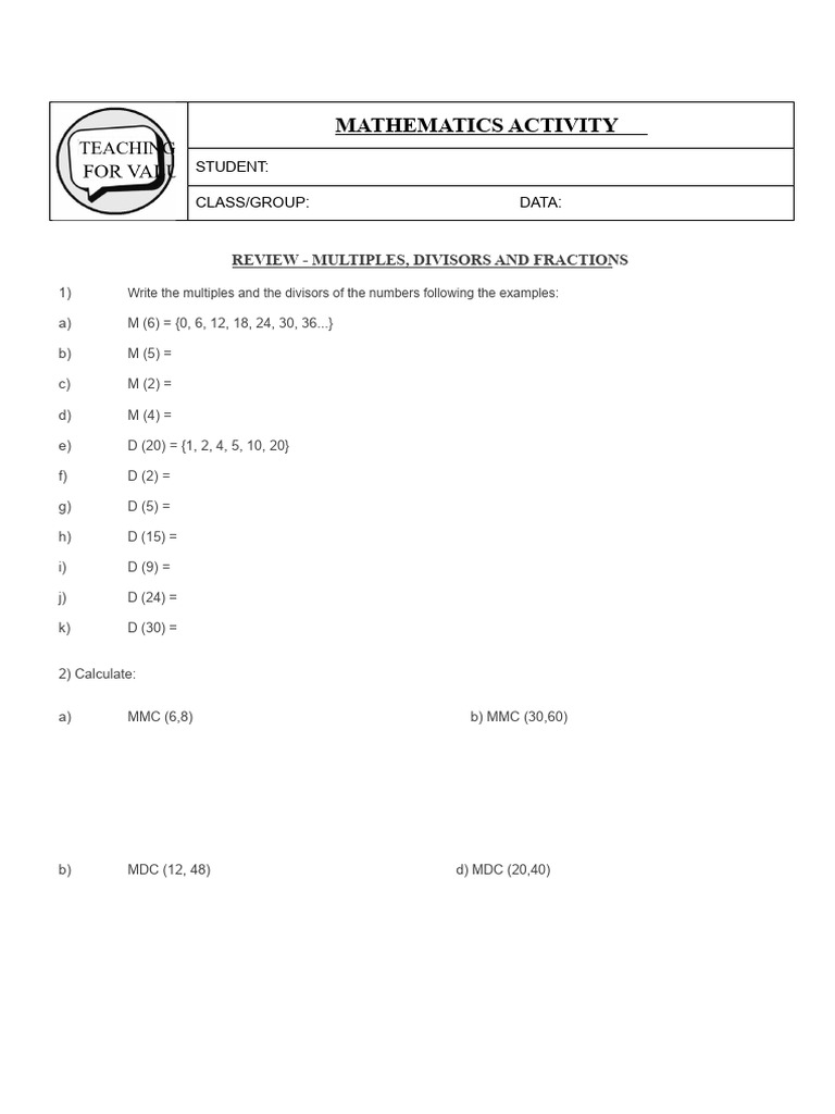 7th Grade - Exercise - MULTIPLES, DIVISORS AND FRACTION 2020 NEW MODEL ...