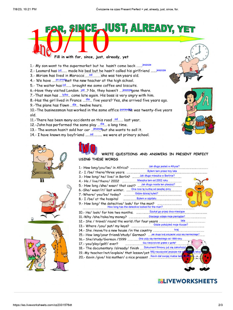 Ćwiczenie Z Present Perfect + Yet, Already, Just, Since, For | PDF