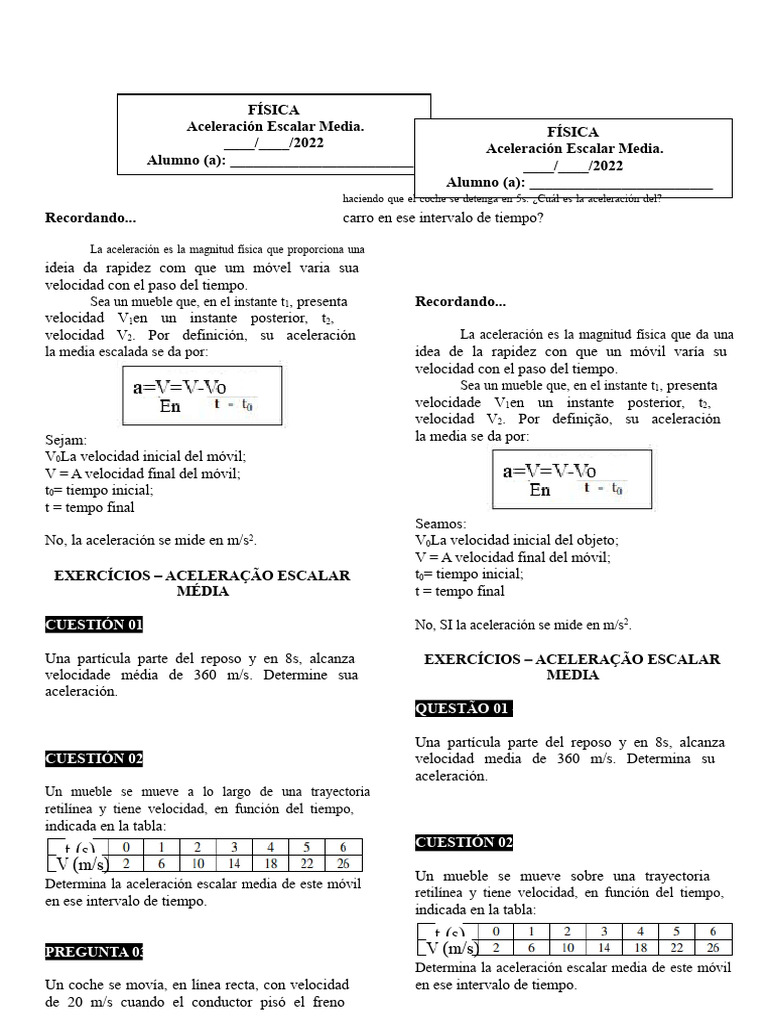 Aceleración Escalar Media: Ejercicios y Definiciones | PDF | Velocidad ...