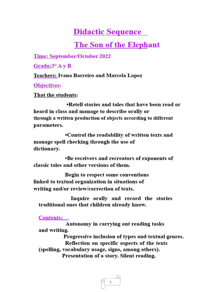 Didactic Sequence The Son of the Elephant | PDF | Word | Reading ...