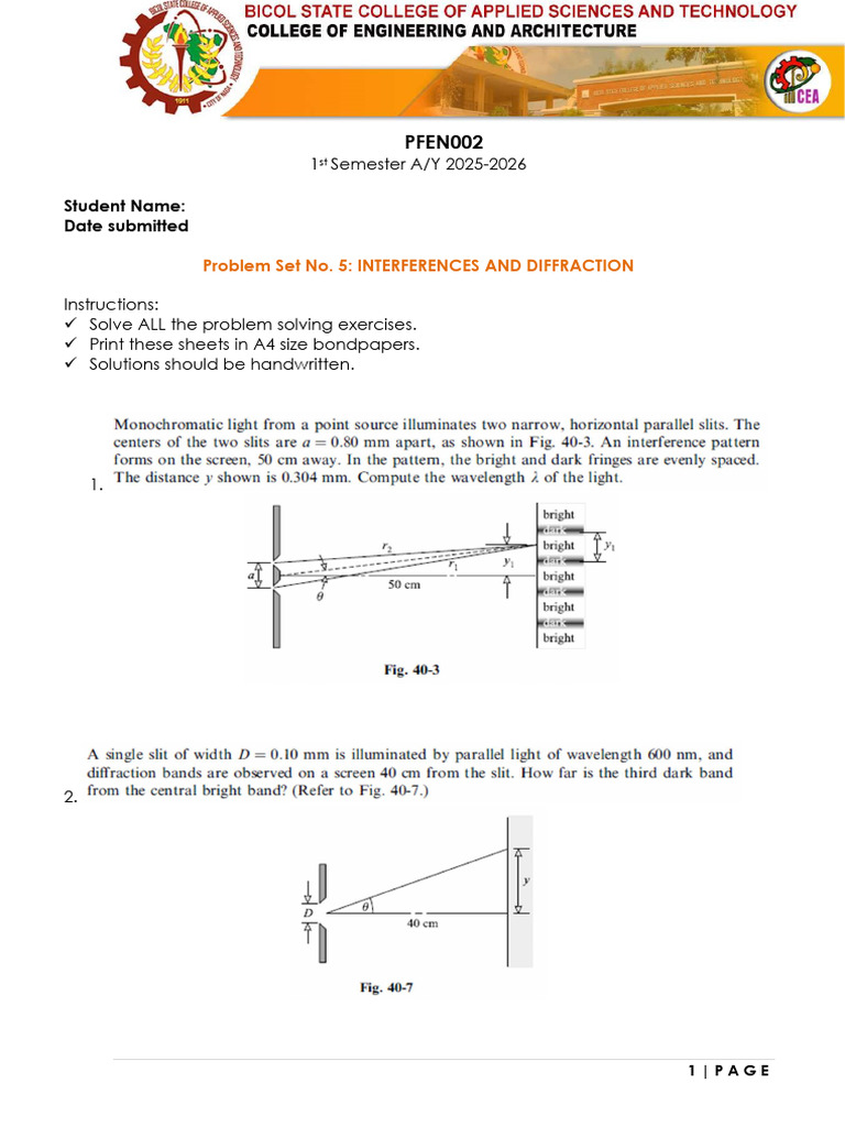 Problem Set No. 5_Interferences and Diffraction | PDF