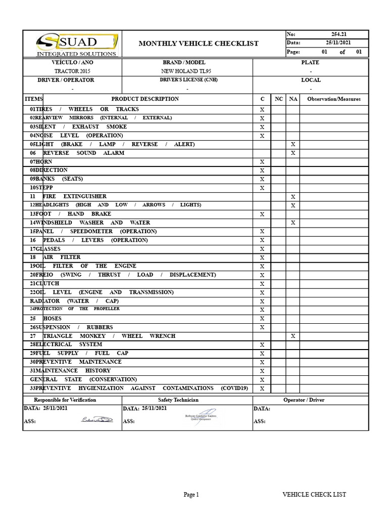 CHECKLIST - TRACTOR 01 | PDF | Tractor | Vehicles