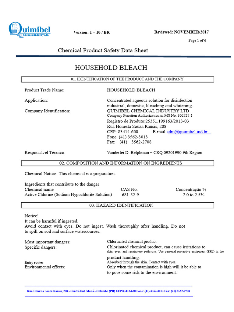 BLEACH-1LT-HOME-safety-data-sheet | PDF | Bleach | Personal Protective ...