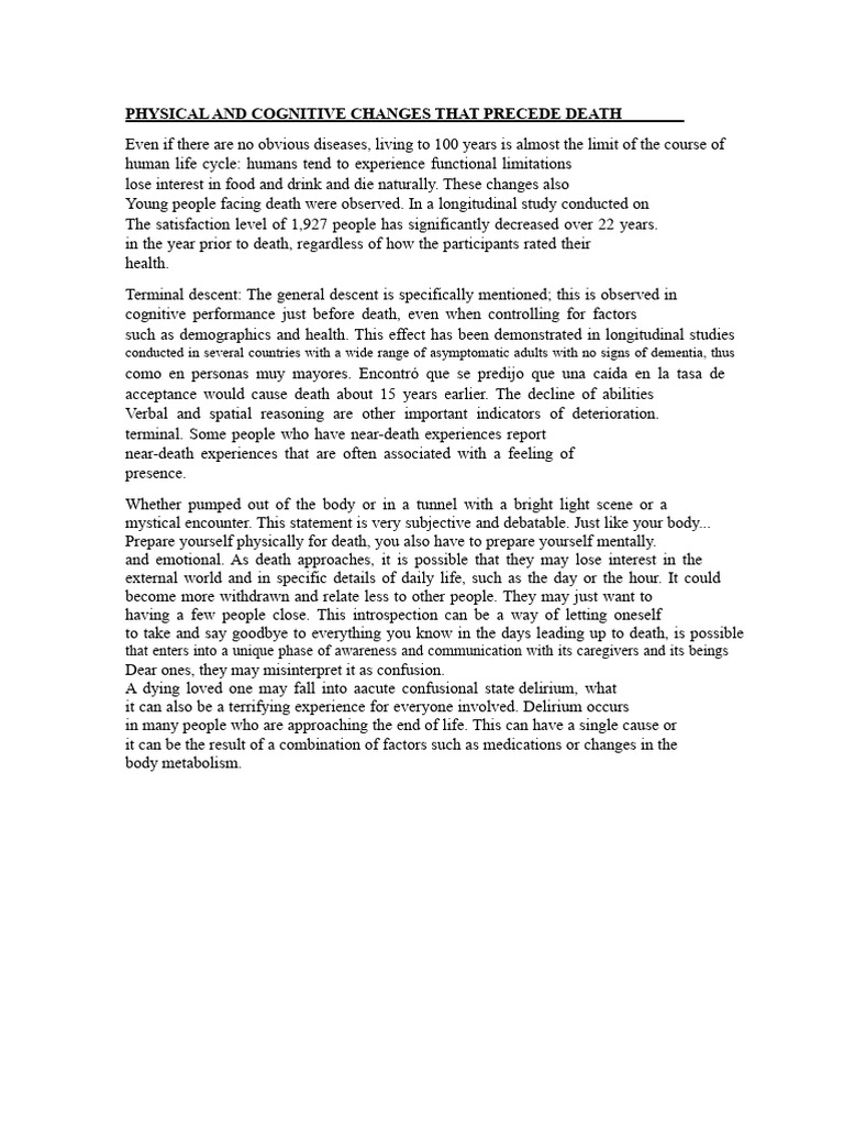 Physical and Cognitive Changes Preceding Death | PDF | Grief | Death