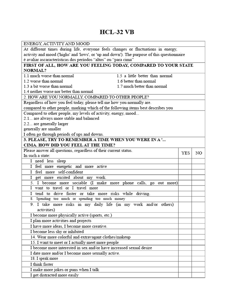 BIPOLAR SCALE - Self-assessment Questionnaire for Hypomania | PDF ...