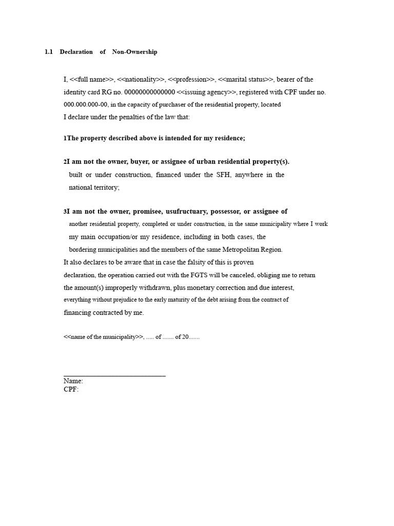 Non-Ownership Declaration for Property | PDF