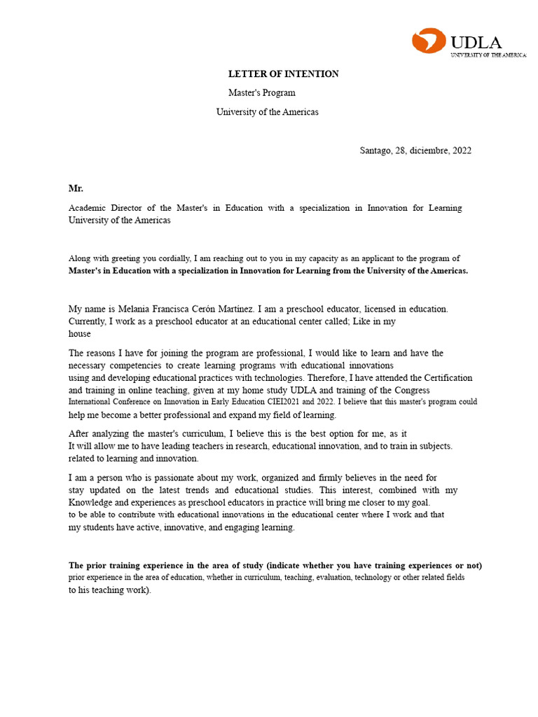 Letter of Intent Master's Degree | PDF | Teachers | Preschool