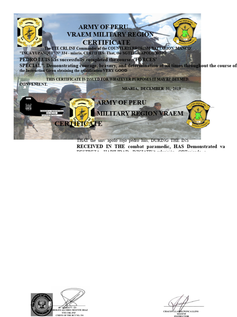 Peru Army Certificate for Combat Paramedic | PDF