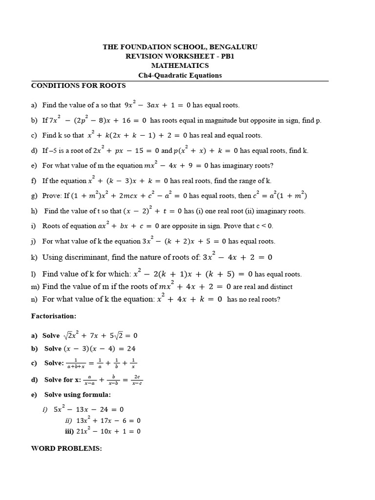 G10-PB1_Ch4- Quadratic Equations .Docx | PDF | Quadratic Equation ...