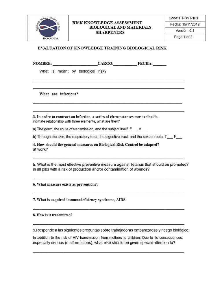 Training Assessment Format for Biological Risk and Sharp Materials ...