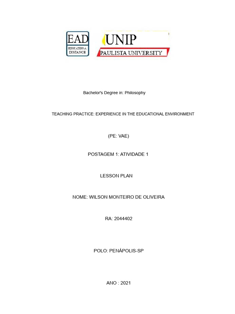 Teaching Practice Experience in The Educational Environment Lesson Plan ...