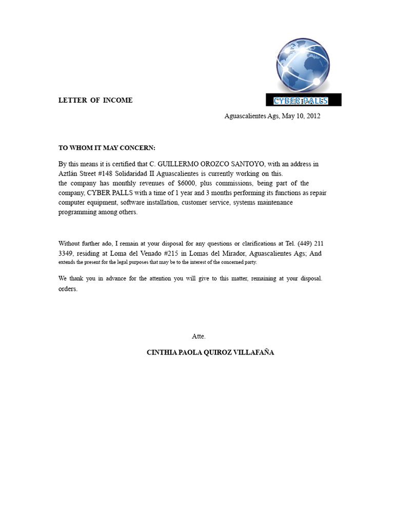 Income Certification for Guillermo Orozco | PDF