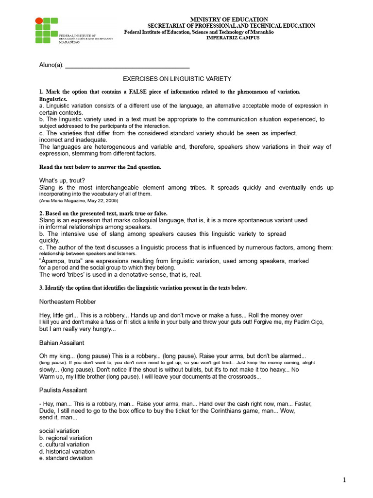 Exercises on Linguistic Variation | PDF | Linguistics | Slang