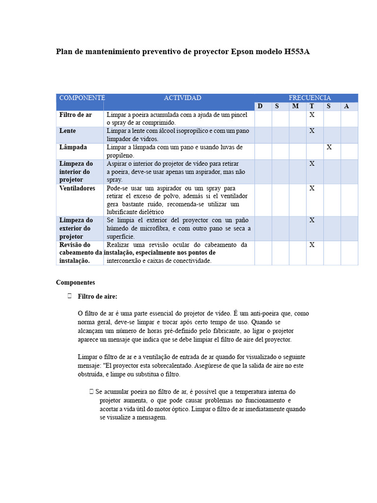 Plano de Manutenção Preventiva do Projetor Epson Modelo H553A | PDF ...