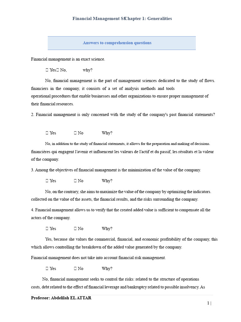 Financial Management - Answers To Comprehension Questions - Chapter 1 ...