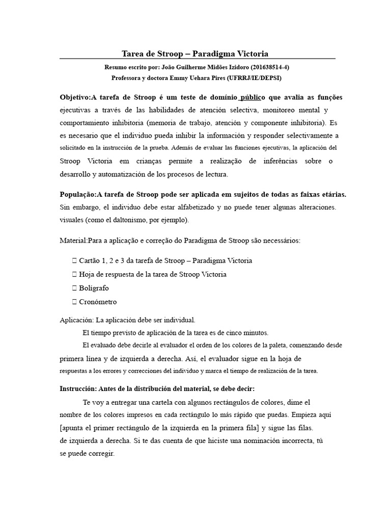 Tareas de Stroop Victoria, Fluidez Verbal y Cubos de Corsi (1) | PDF ...