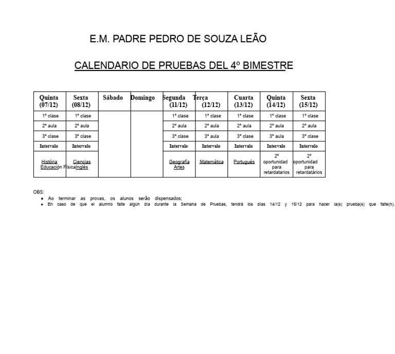 4º BIMESTRE - Calendario de Pruebas | PDF