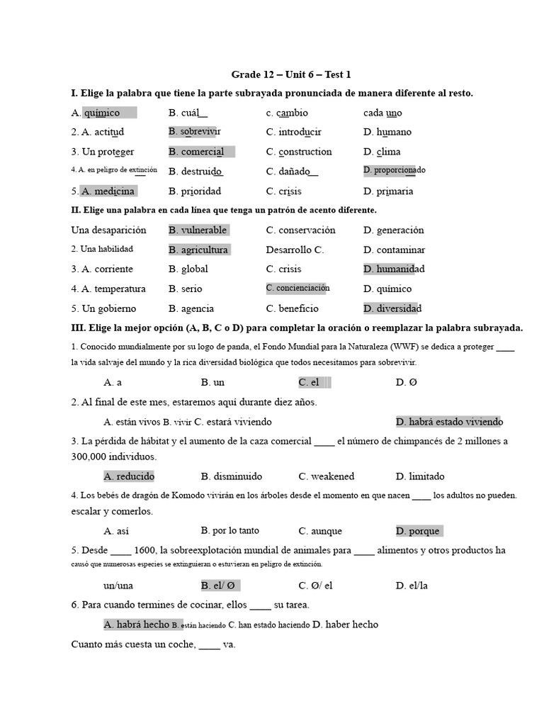 Prueba de vocabulario y gramática 12° grado | PDF | Extinción ...
