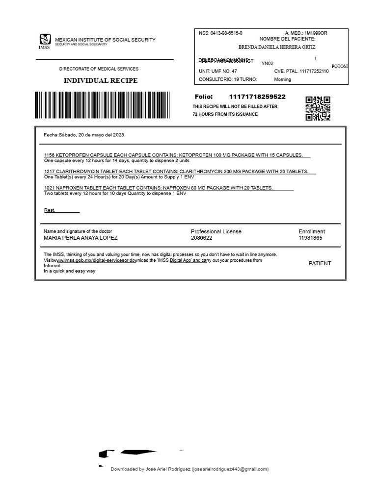 IMSS Prescription for Brenda Herrera | PDF | Medicine | Pharmacology