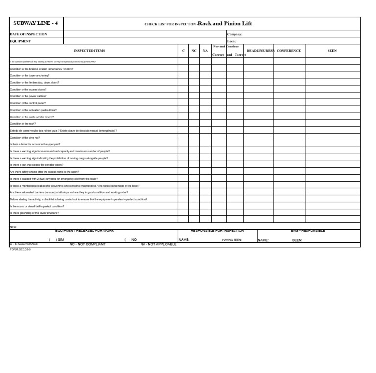 Rack and Pinion Lift Inspection Checklist | PDF | Elevator | Transport