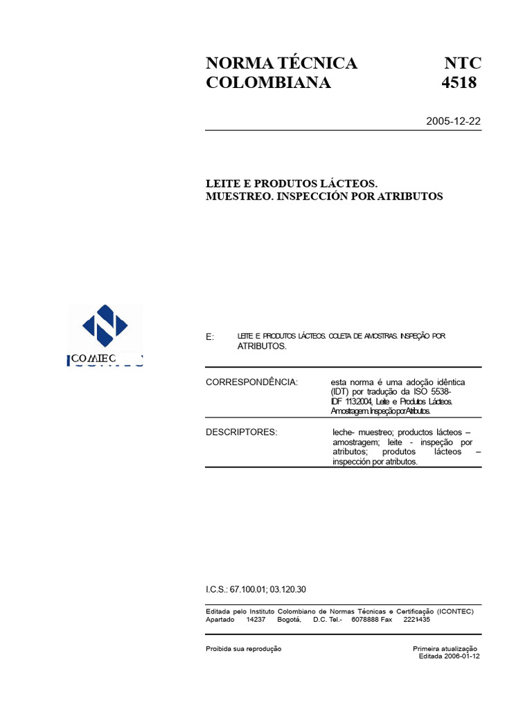 Normas de Amostragem para Lácteos NTC 4518 | PDF | Colômbia ...