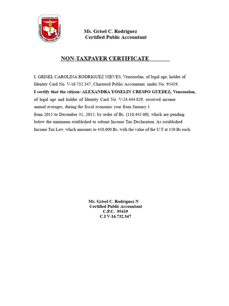 Non-Taxpayer Certificate by CPA Rodriguez | PDF