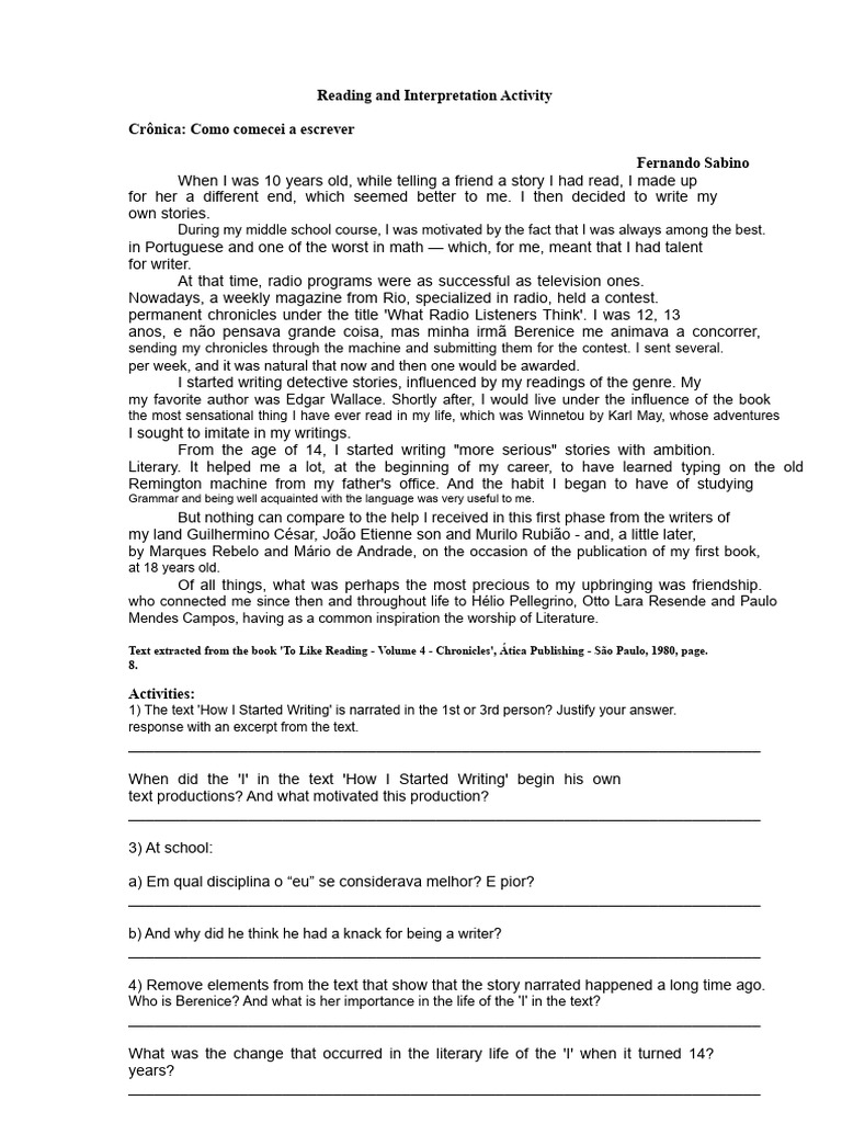 Reading and Interpretation Activity 9th Grade - 170217194810 | PDF