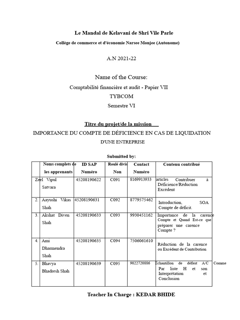Importance du Compte de Déficience en Liquidation | PDF | Bilan ...