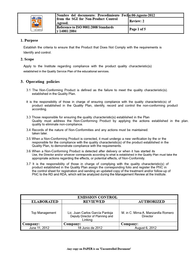 Non-conforming product procedure | PDF | Regulatory Compliance | Regulation
