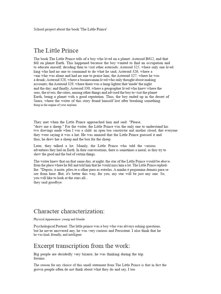 Portuguese 8th Grade The Little Prince School Project About The Book ...