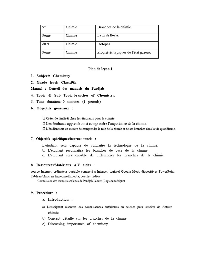 Plan de Leçon de Chimie de 9e | PDF | Pascal (Unité) | Pression