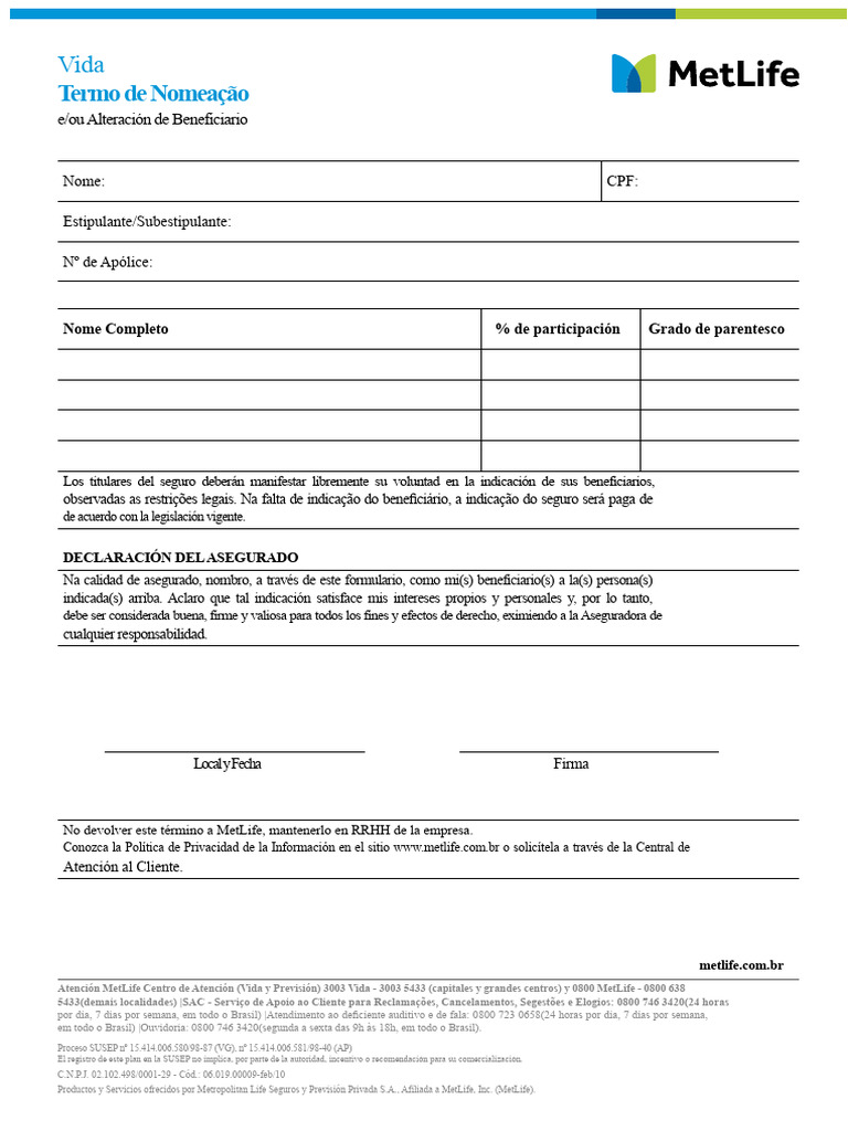 Formulario de Beneficiarios de Seguro Vida | PDF