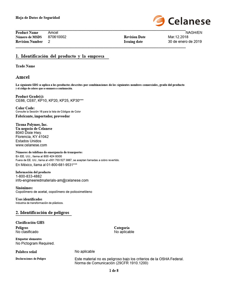 Hoja de Datos de Seguridad Amcel POM | PDF | Combustión | Residuos