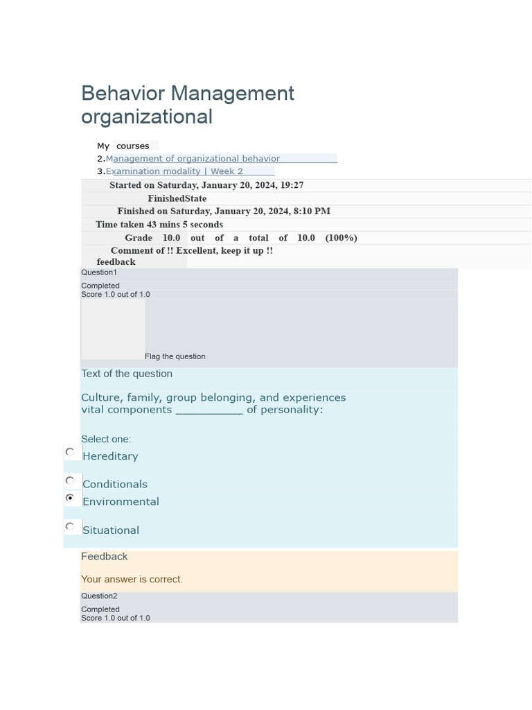 Organizational Behavior Management Quiz | PDF | Reinforcement | Feedback