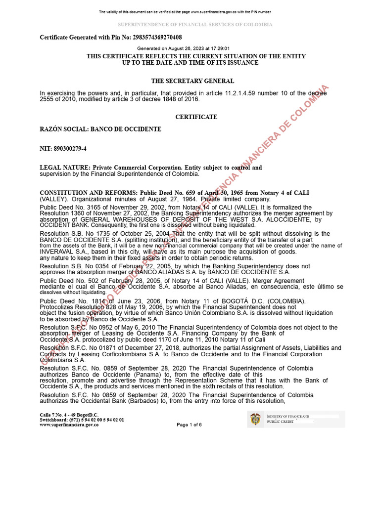 Certificate of Existence and Representation Banco Occidente | PDF ...