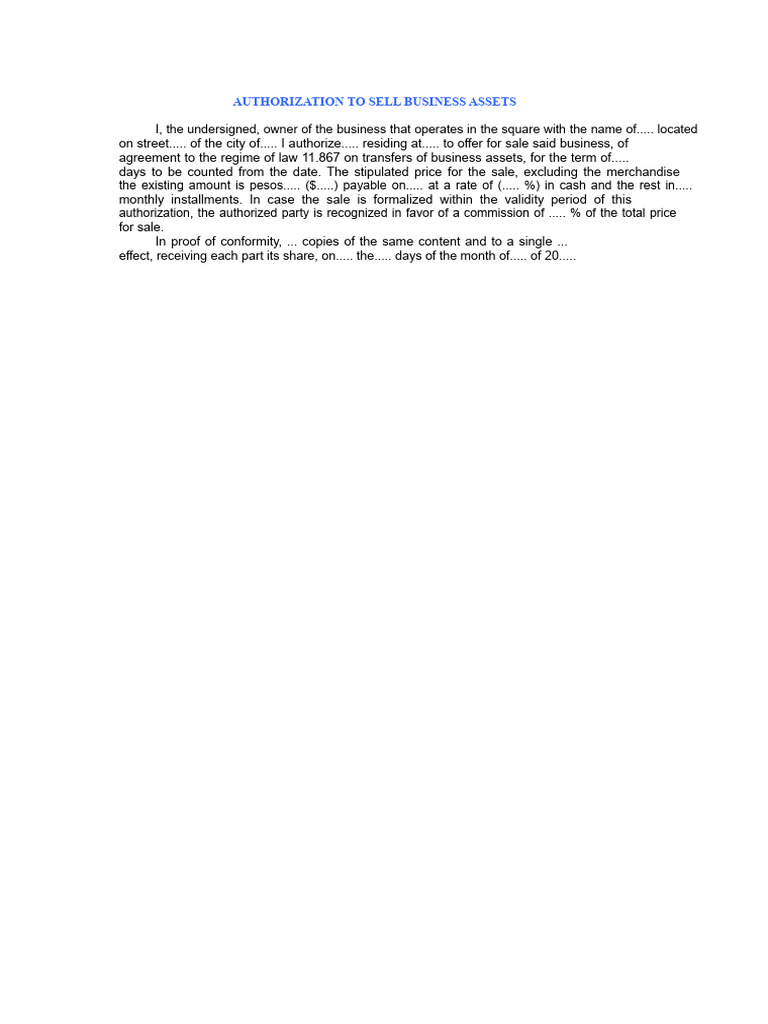 Authorization To Sell Business Assets | PDF
