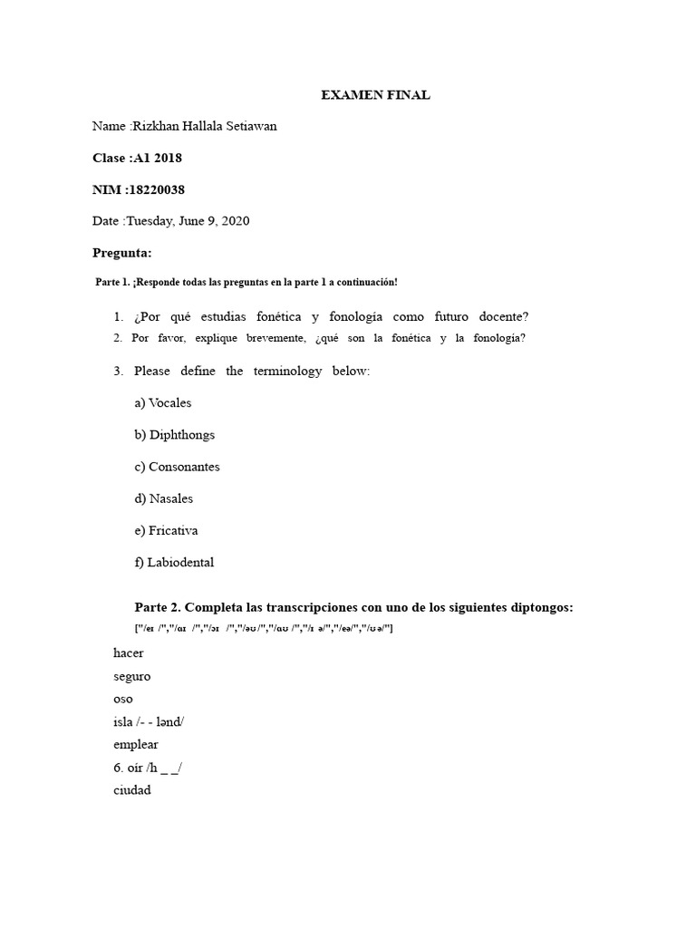 EXAMEN FINAL Fonética y Fonología Por Rizkhan HS | PDF | Fonética | Vocal