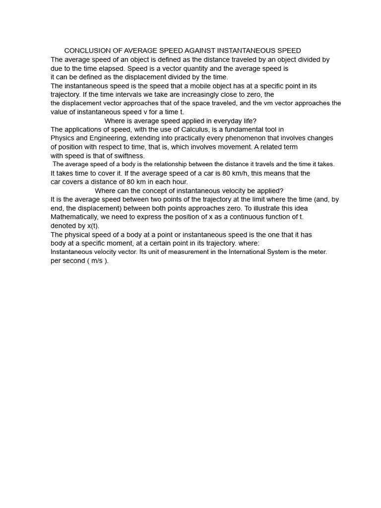 Conclusion of average speed versus instantaneous speed | PDF