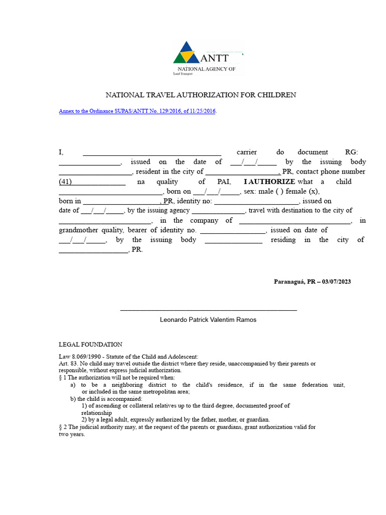 National Travel Authorization Model For Children. | PDF