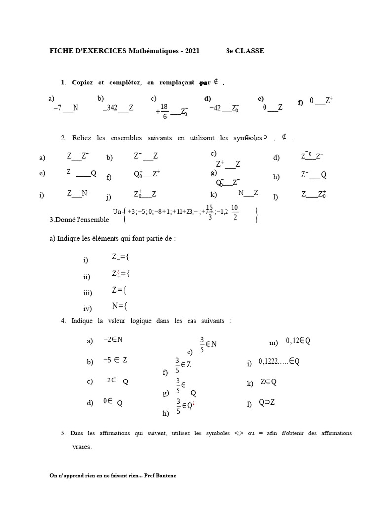 Exercices de mathématiques 8e classe | PDF | Inclusion (mathématiques ...