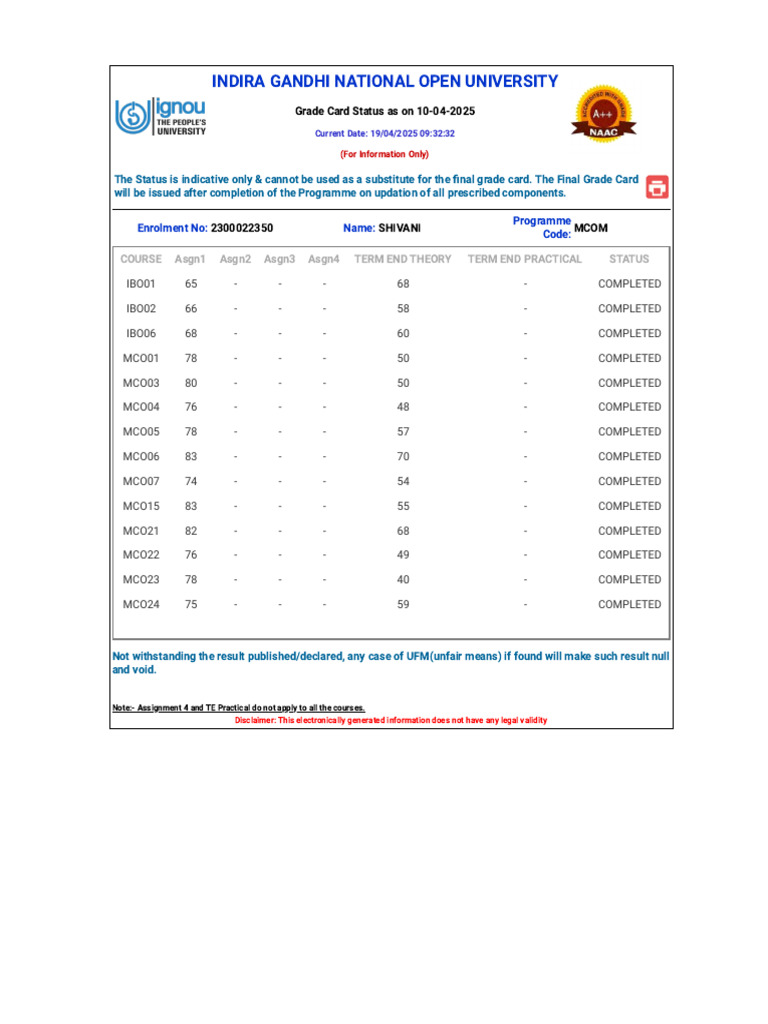 IGNOU Grade Card | PDF