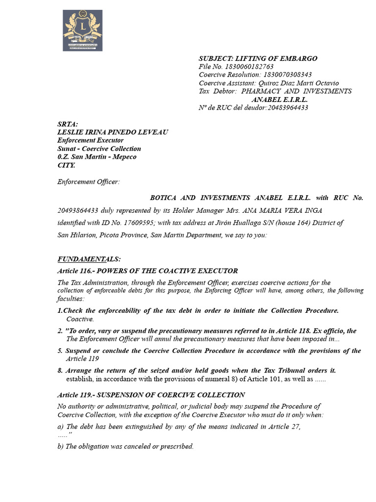 Written Request For Lifting of Embargo Sunat | PDF | Government | Justice