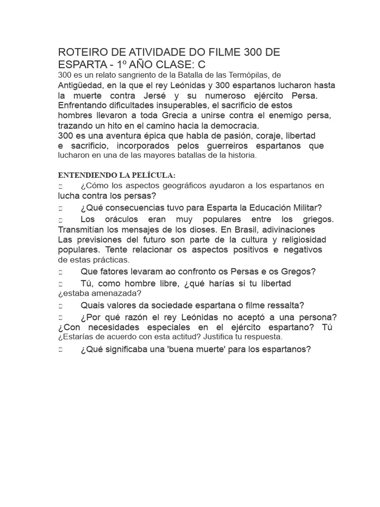 Guion de Actividad de la Película 300 de Esparta | PDF