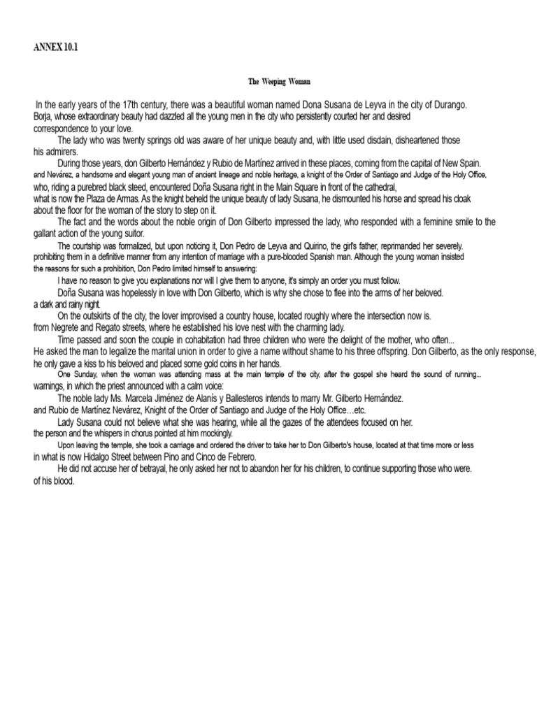 Annex 10.1 Legend of La Llorona With Complete Words | PDF