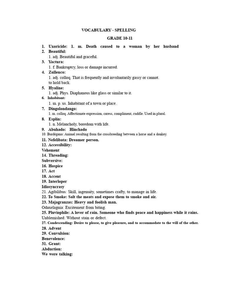 Vocabulary - grade 10 and 11. Spelling. | PDF